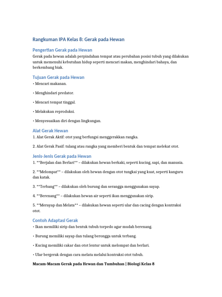 Rangkuman Gerak Hewan Kelas8 | PDF