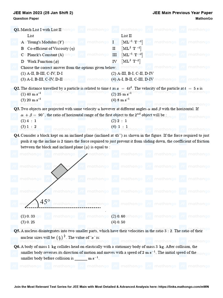 JEE Main 2023 Physics Question Paper | PDF | Photoelectric Effect ...