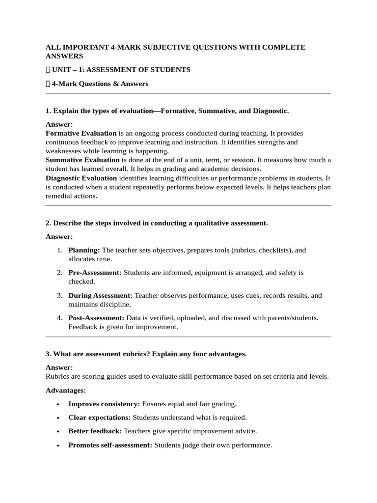 4 Marks Subjective Questions and Answers | PDF | Educational Assessment