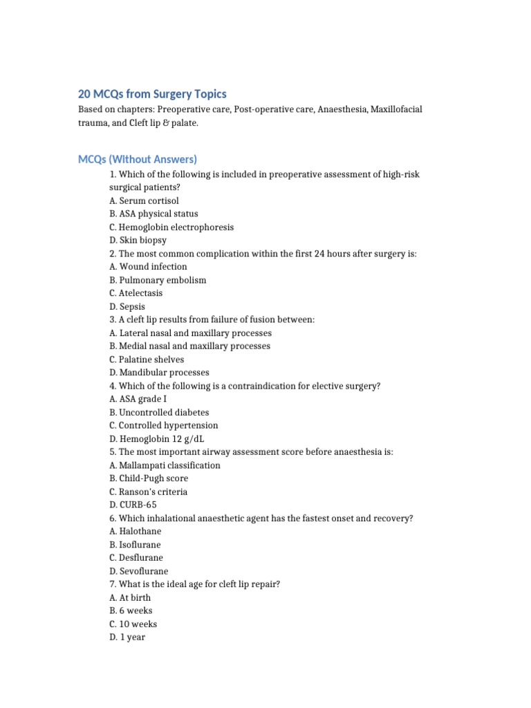 Surgery MCQs: Preoperative to Cleft Care | PDF | Anesthesia | Clinical ...