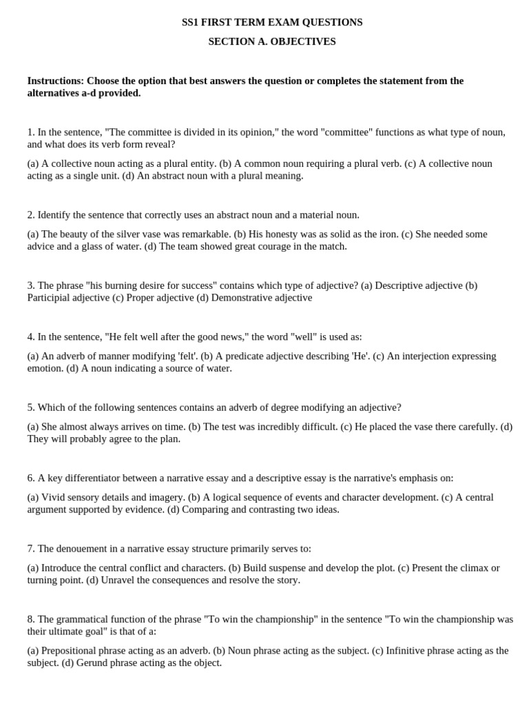SS1 First Term Exam Questions Section A. Objectives-1 | PDF | Adjective ...
