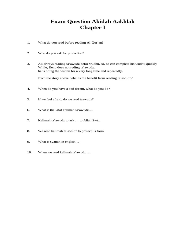 Exam of Akidah Akhlak Chapter 1[1] | PDF