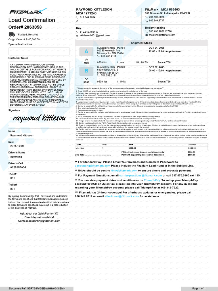 Load Confirmation for Order #2063058 | PDF | Cargo | Supply Chain ...