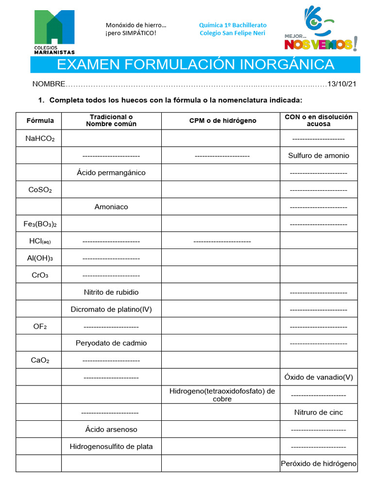 Examen Formulación Inorgánica 2021-22 (Simulacro) | PDF | Ácido | Química