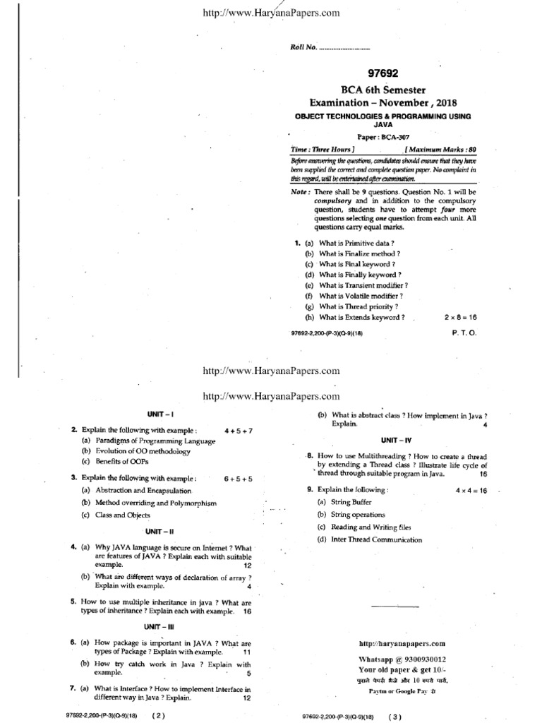 Bca 6 Sem Object Technologies and Programming Using Java 97692 Nov 2018 | PDF