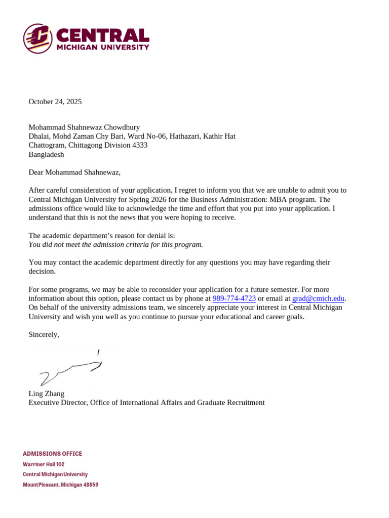 CMU MBA Admission Denial Letter | PDF