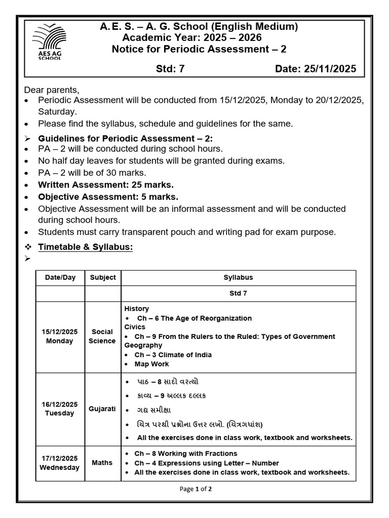 STD 7 Notice For Periodic Assessment - 2 For Academic Year 2025 - 2026 ...