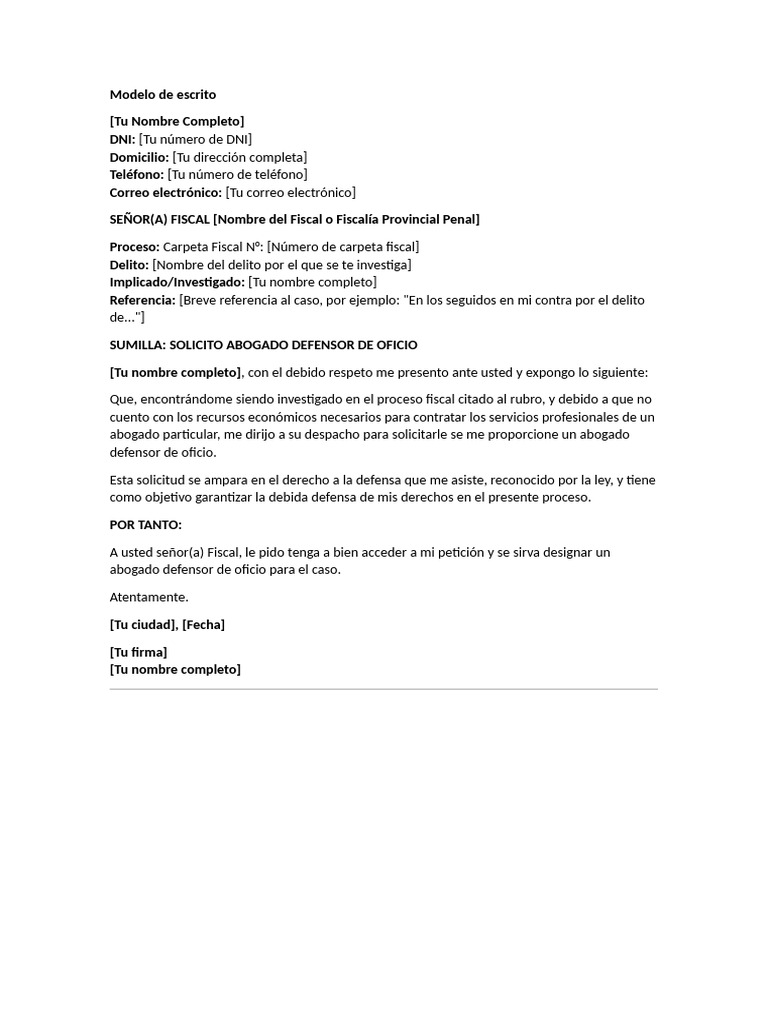 Solicituid Pidiendo Abogado Defensor de Oficio | PDF