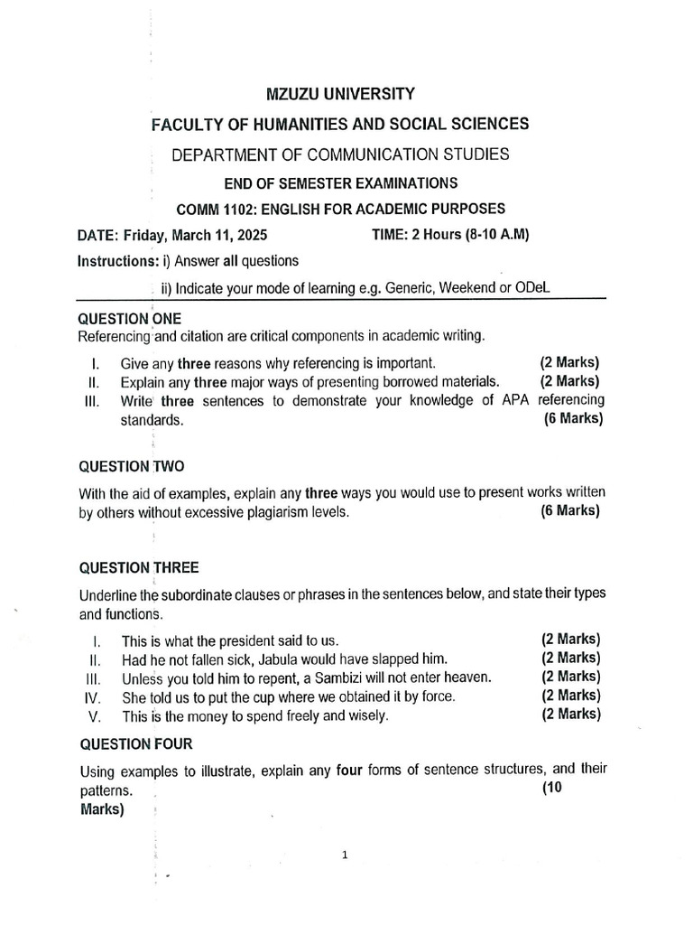 COMM 1102 English For Academic Purpose End of Semester Examination ...
