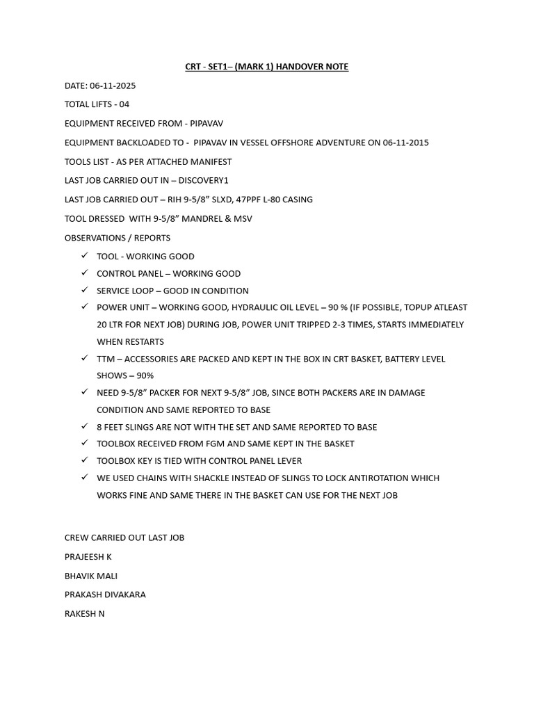 Handover Note | PDF