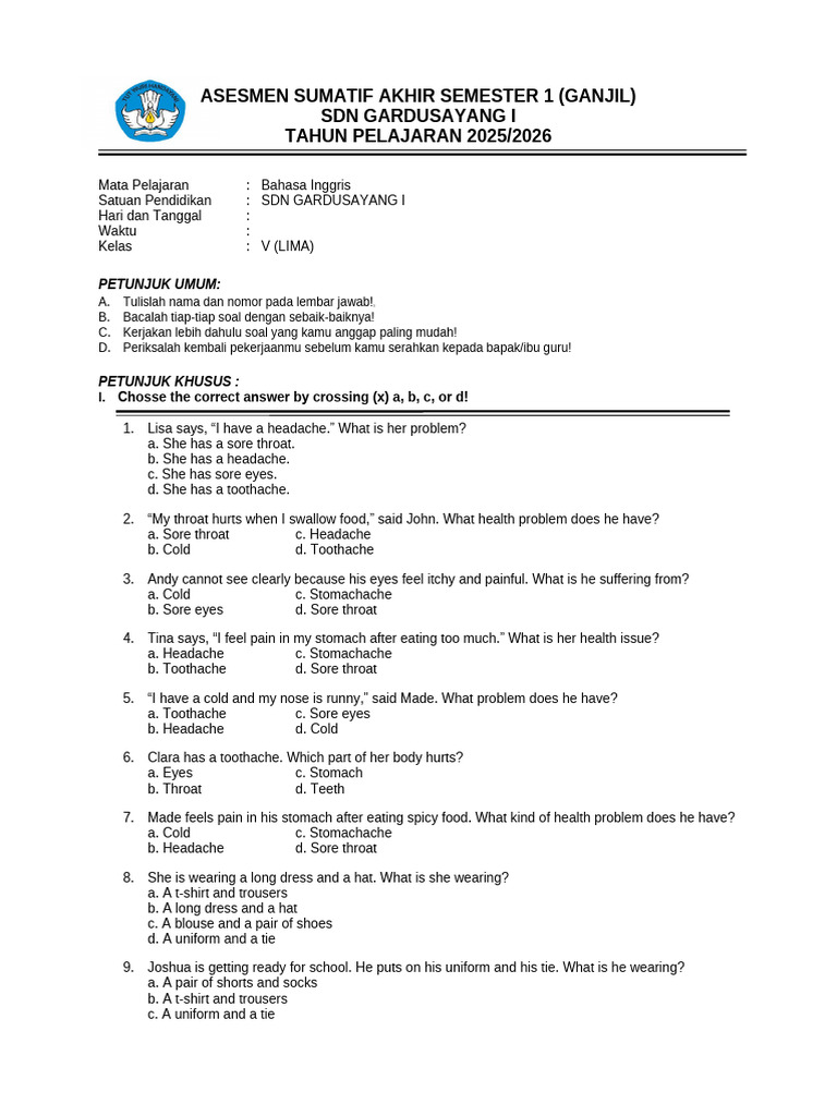 Sas Inggris I Kelas 5 | PDF | Diseases And Disorders | Symptoms And Signs