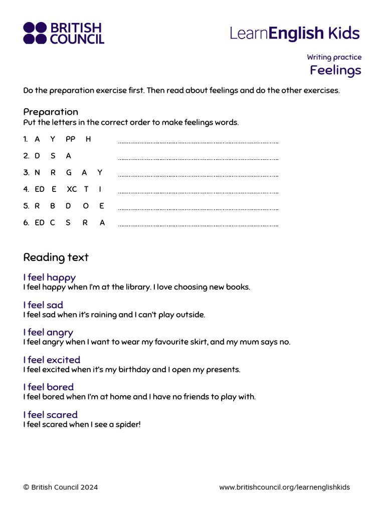 LearnEnglishKids Writing Practice Level 1 Feelings | PDF | Chess Theory | Chess