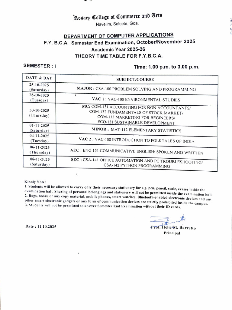 FYBCA Sem I SEA Theory Time Table | PDF | Computing
