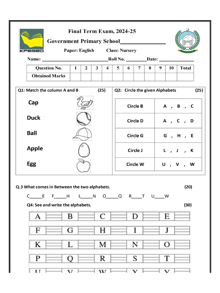 Nursery Class Final Exams 2025 | PDF