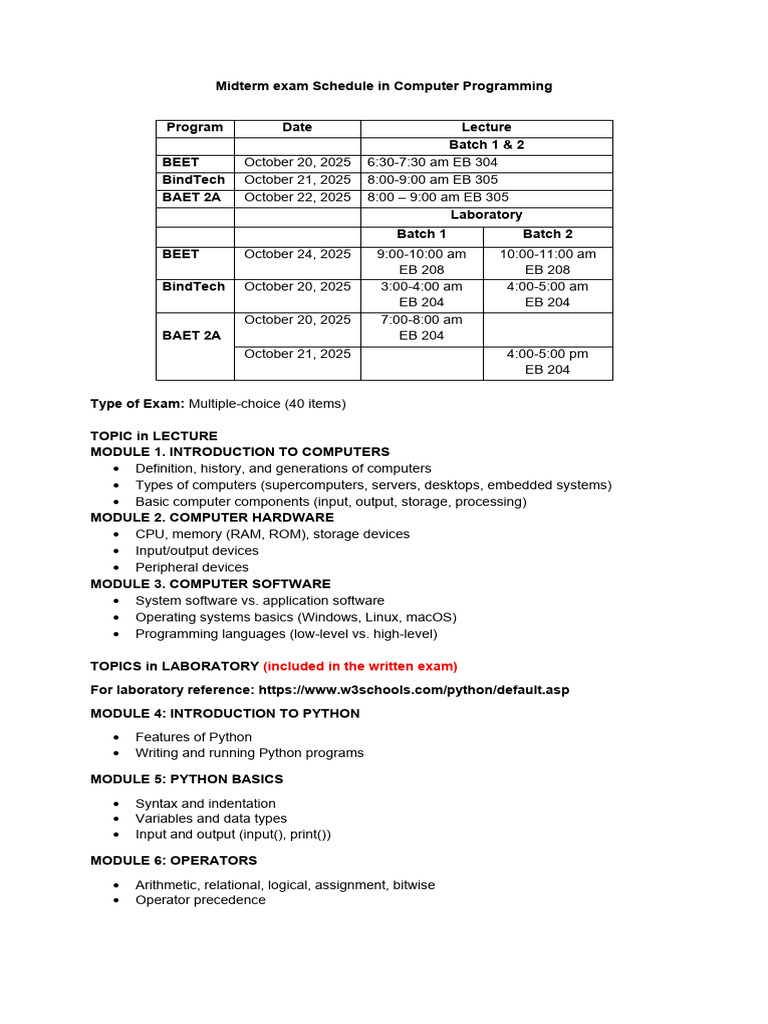 Midterm Exam Schedule in Computer Programming | PDF