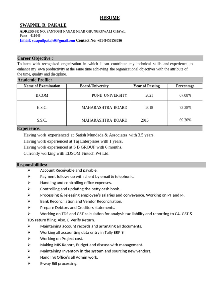 Swapnil Pakale CV | PDF | Business
