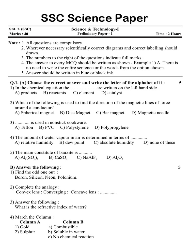 SSC Science Paper Sample Questions | PDF | Chemical Compounds ...