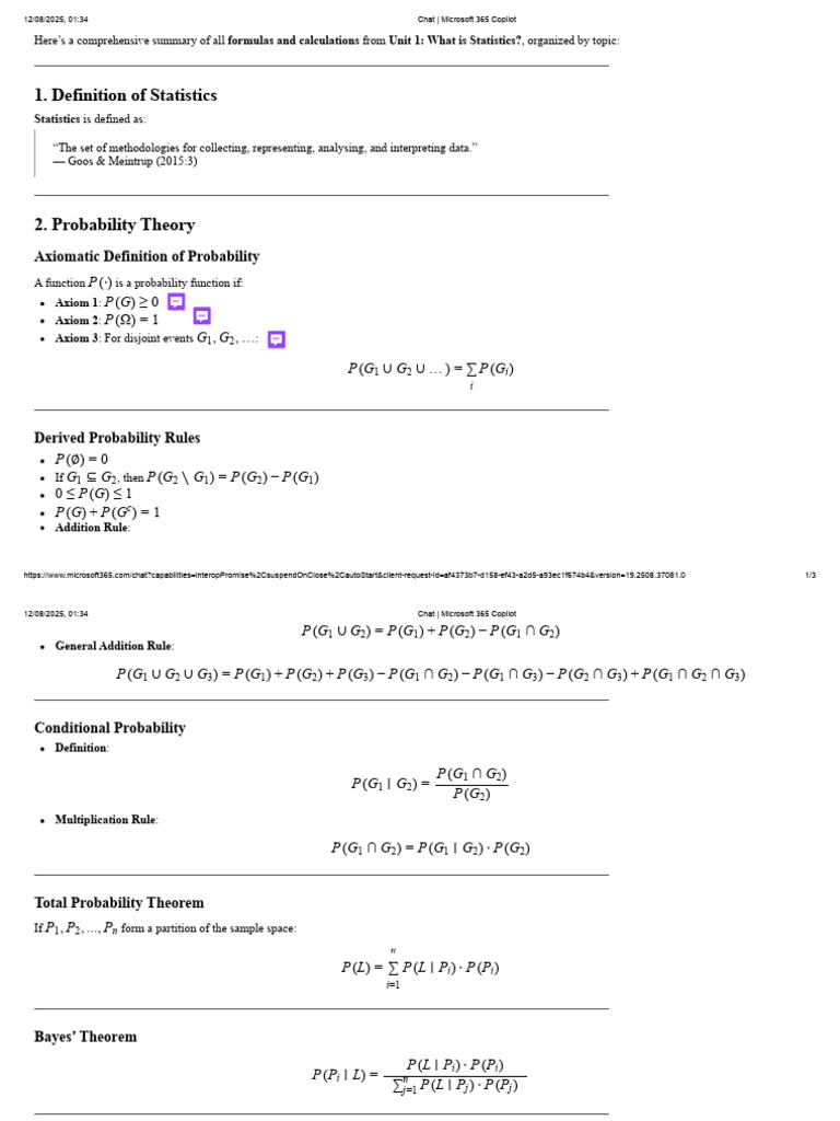 Statistics Formulas and Calculations Summary | PDF | Axiom | Mathematics