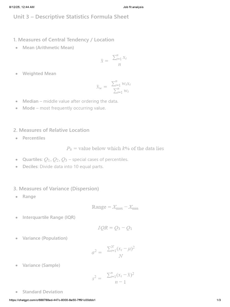 Unit 3 - Descriptive Statistics Formulas | PDF | Descriptive Statistics | Statistical Analysis