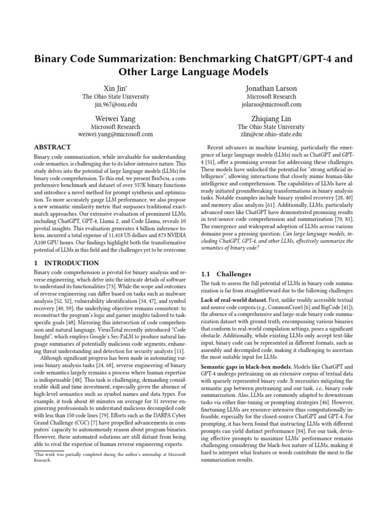 2023 Binary Code Summarization - Benchmarking ChatGPT:GPT-4 and Other Large Language Models ...