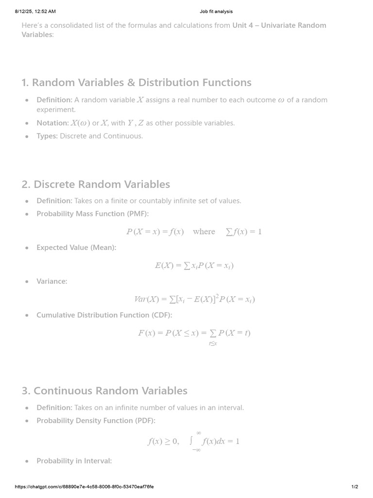 Univariate Random Variables Formulas | PDF | Probability Distribution ...