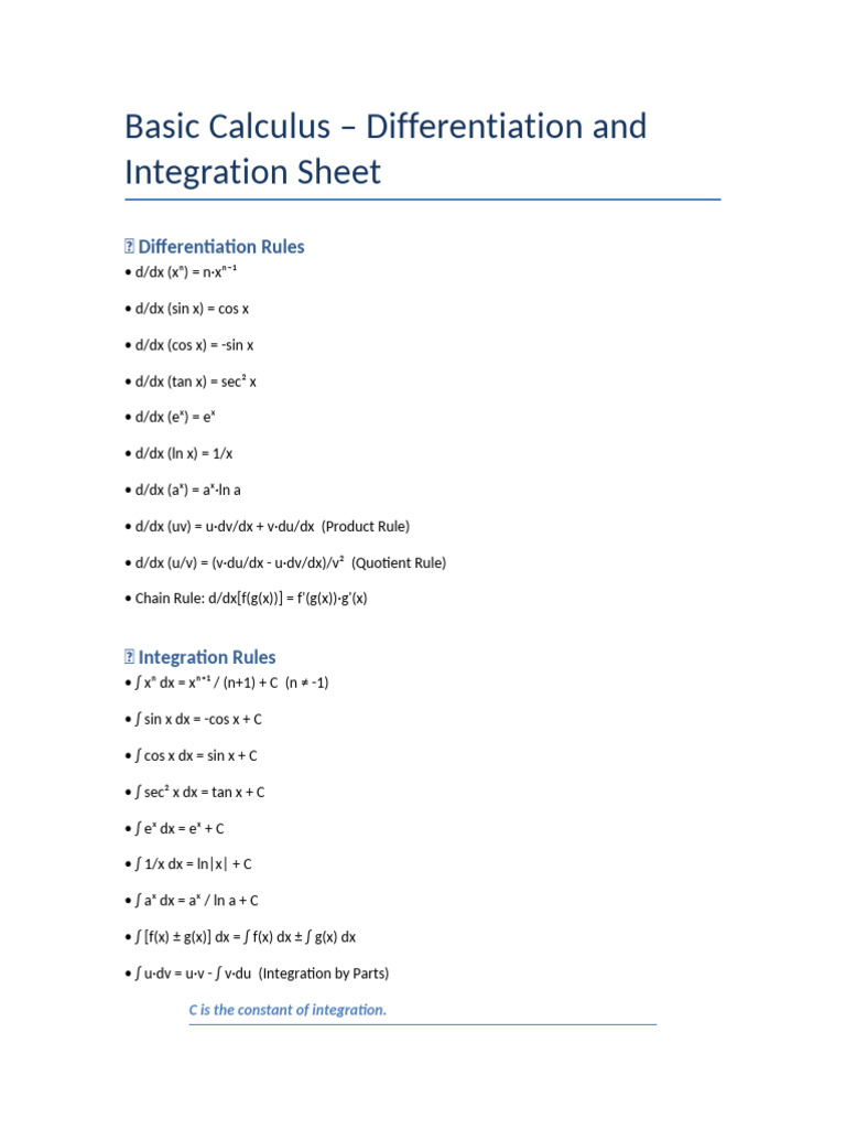 Calculus Differentiation Integration Sheet | PDF