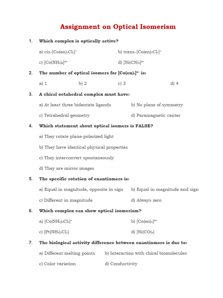 Assignment On Optical Isomerism | PDF | Chirality (Chemistry) | Isomer