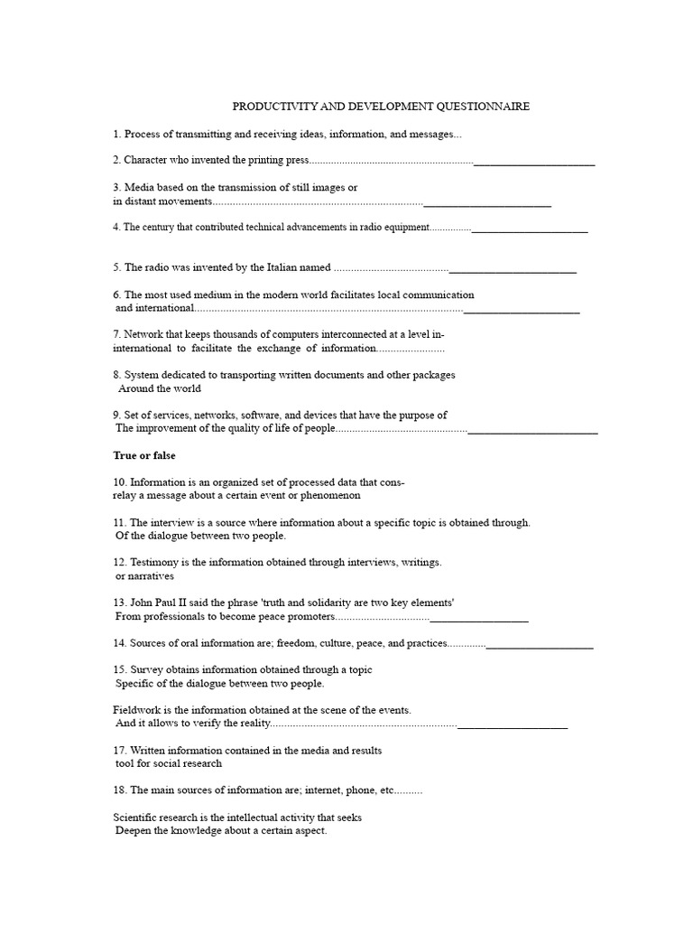 PRODUCTIVITY AND DEVELOPMENT QUESTIONNAIRE Social Sciences | PDF ...