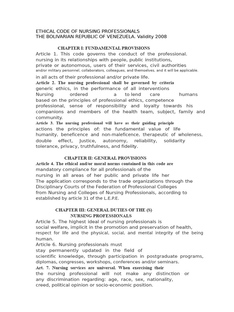 Ethical Code of Nursing Professionals of the Bolivarian Republic of ...