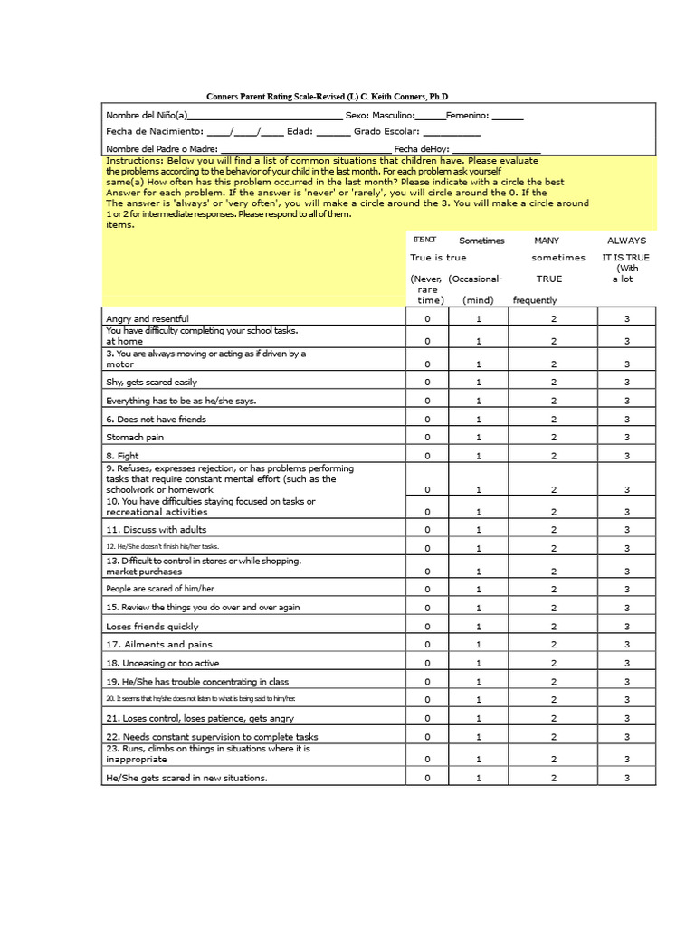 Conners Parent Rating Scale Overview | PDF | Attention Deficit ...