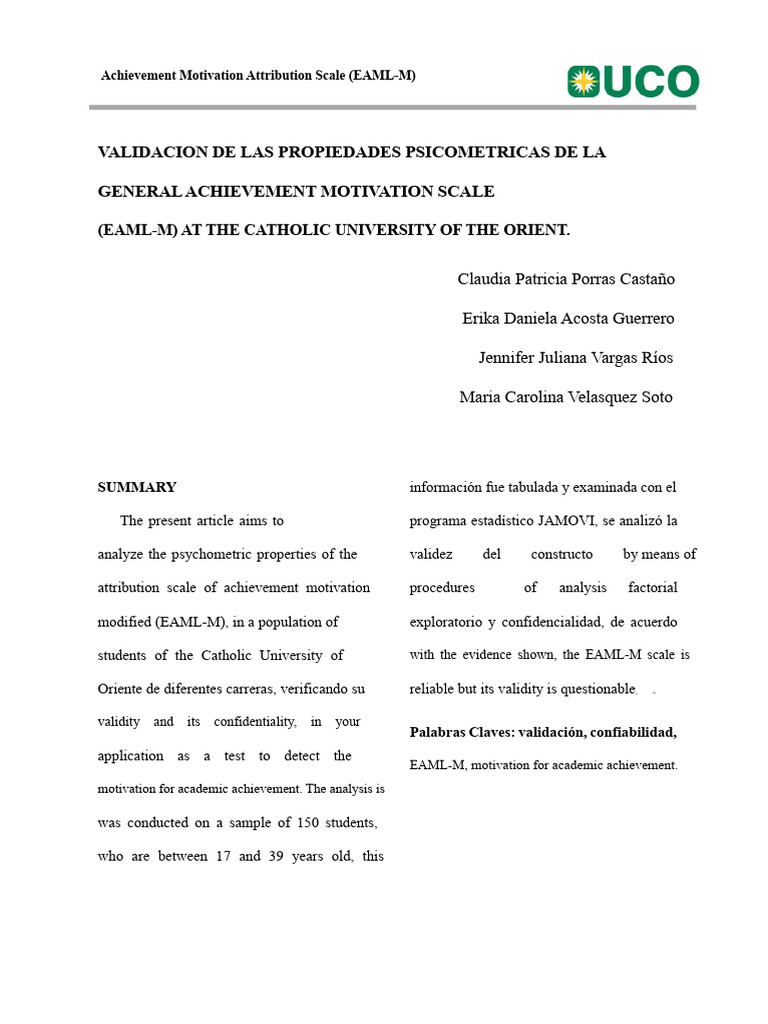 Psychometric Validation of EAML-M Scale | PDF | Motivation | Motivational