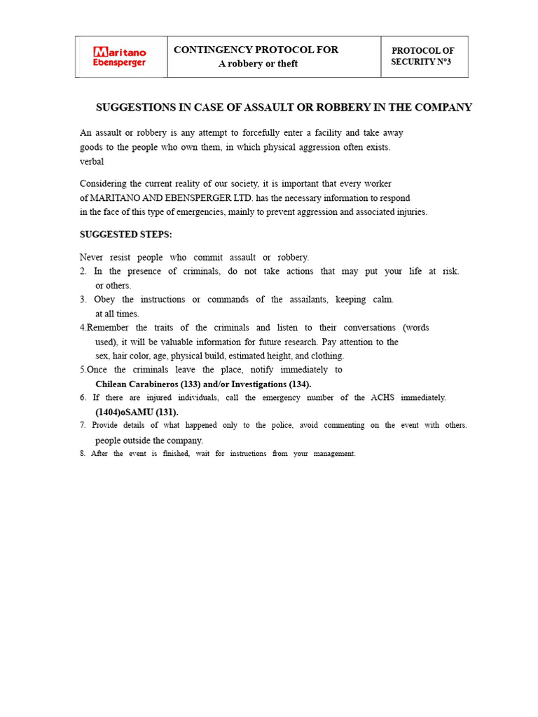 Protocol in Case of Assault or Theft | PDF