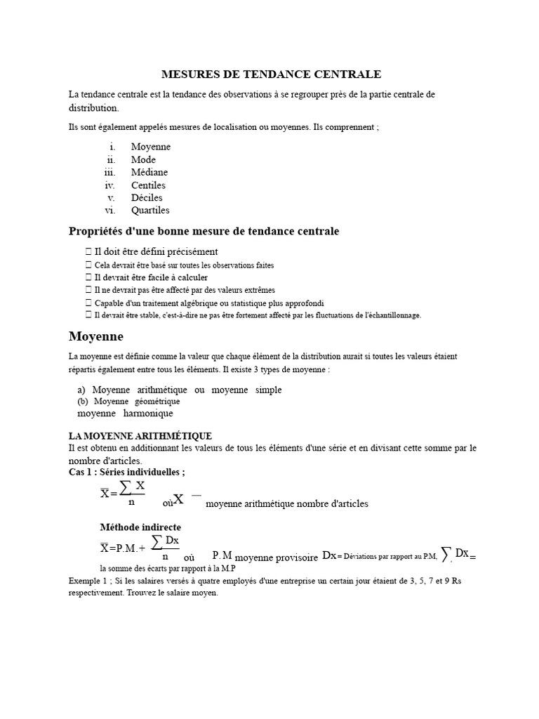 Mesures de Tendance Centrale en Statistiques | PDF | Moyenne | Médiane ...