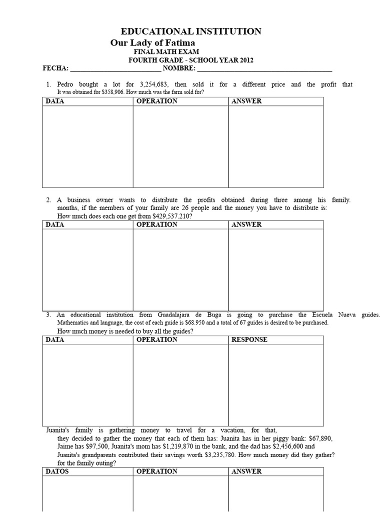 Final Exam Fourth Period Mathematics Fourth Grade | PDF | Chess ...
