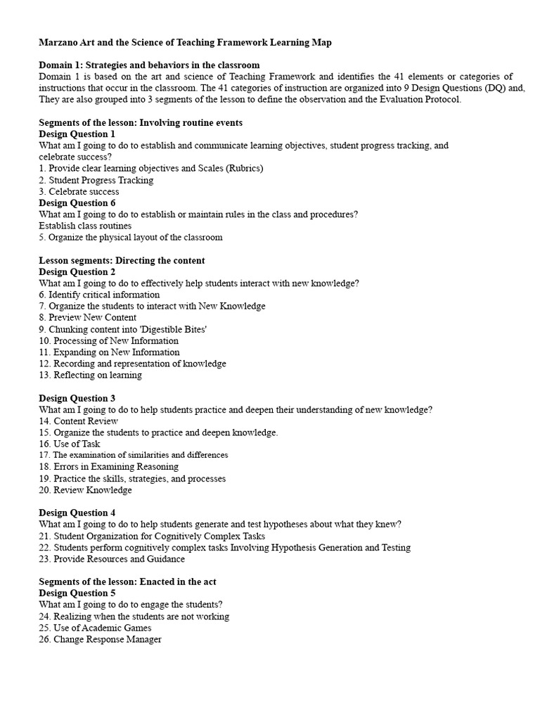Marzano Art and The Science of Teaching Framework Learning Map | PDF ...