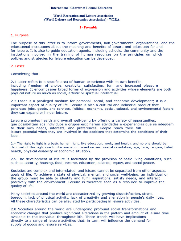 International Charter of Education For Leisure | PDF | Well Being | Leisure