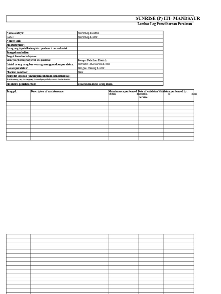Buku Log Pemeliharaan Peralatan Template | PDF