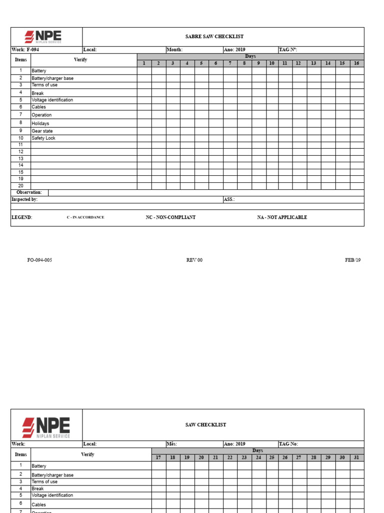 Fo-F094-Xxx-R00 - Sabre Saw Check List | PDF