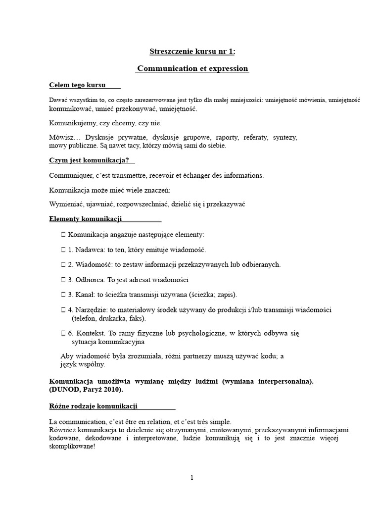 Streszczenie kursu nr 1 Komunikacja | PDF