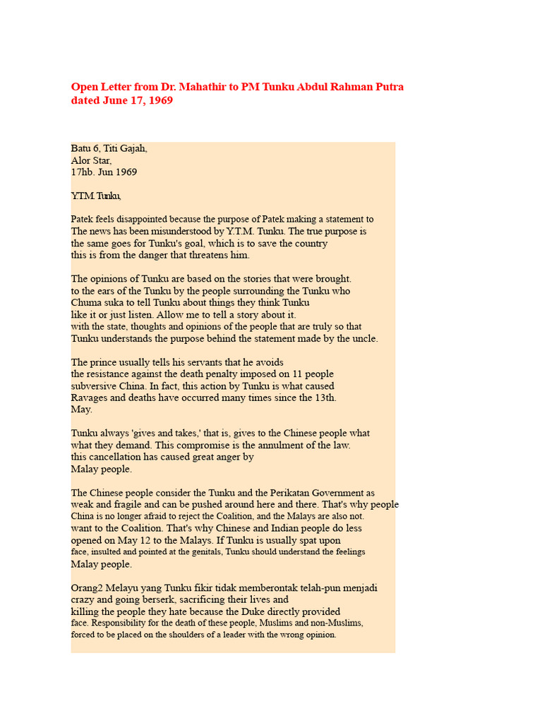 Dr. Mahathir's Open Letter to Tunku Abdul Rahman | PDF | Malaysia