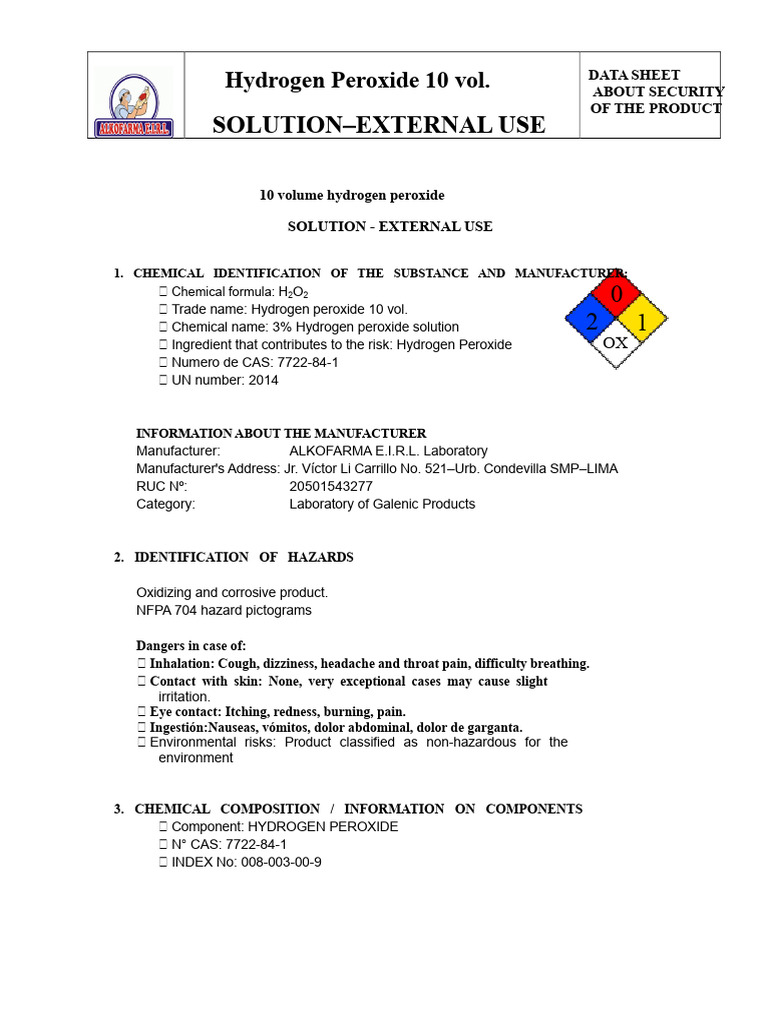 Hydrogen Peroxide 10 Vol. Safety Data Sheet | PDF | Hydrogen Peroxide ...