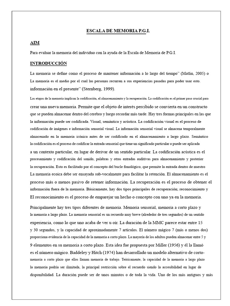 Escala de Memoria Pgi PDF Gratis | PDF | Memoria | Sicología
