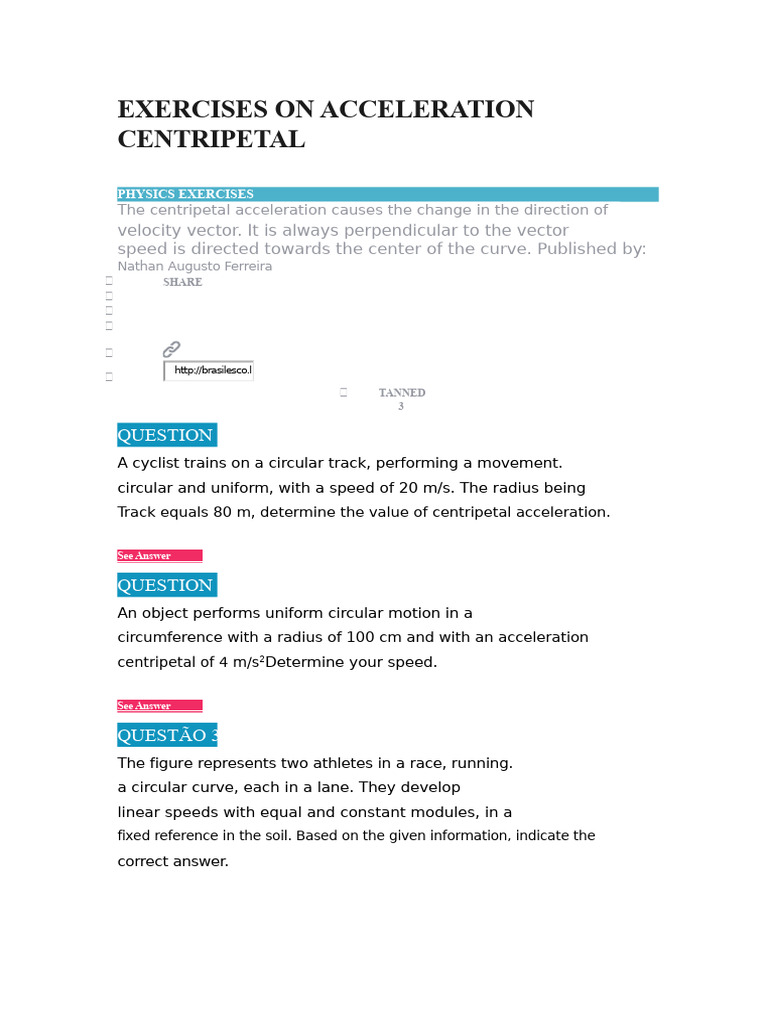 12 Exercises On Centripetal Acceleration | PDF | Acceleration | Force