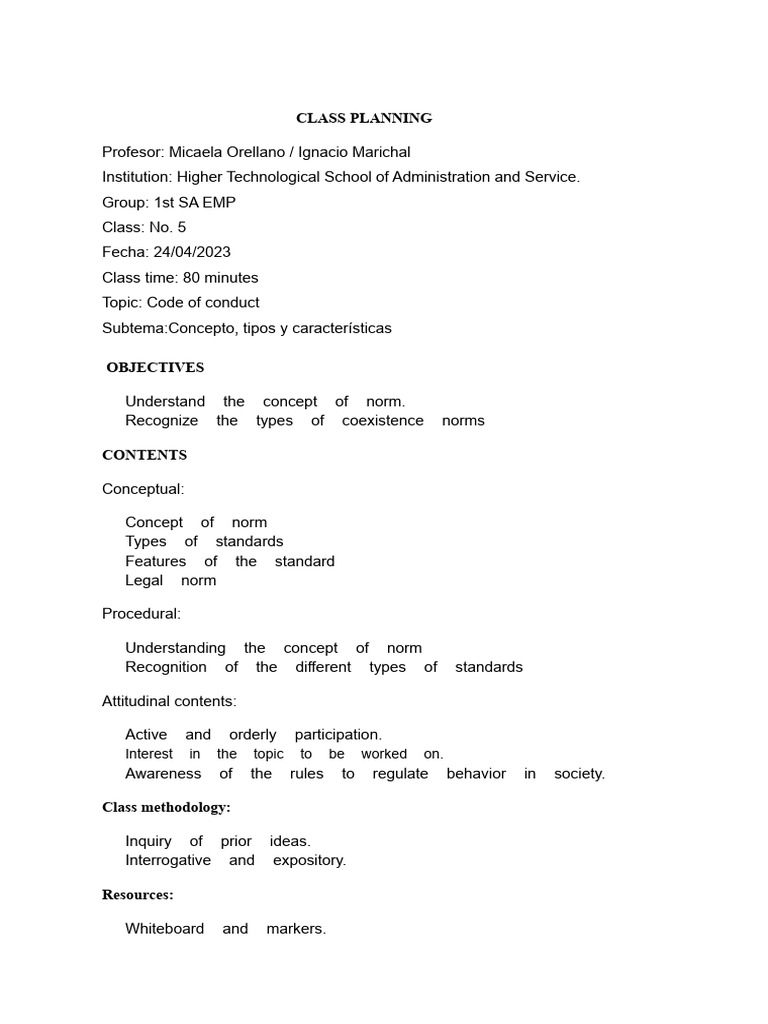 CODE OF CONDUCT, CLASS PLANNING (1) | PDF | Psychology | Behavioural ...