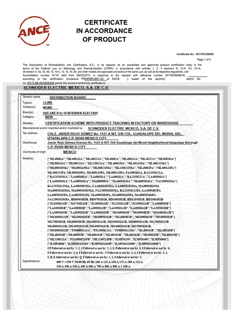 NOM 2017 Certificate I-Line Panel - P2017DOM08019 | PDF | Certification ...