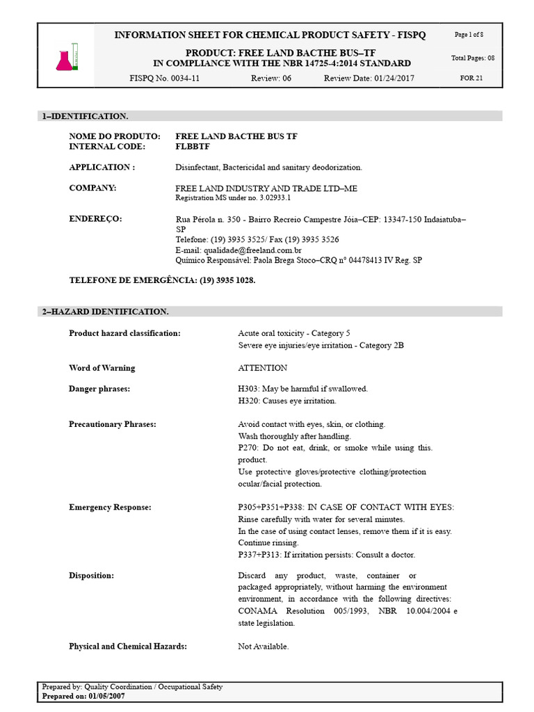 SDS - Disinfectant - Free Land | PDF | Toxicity | Occupational Safety And Health
