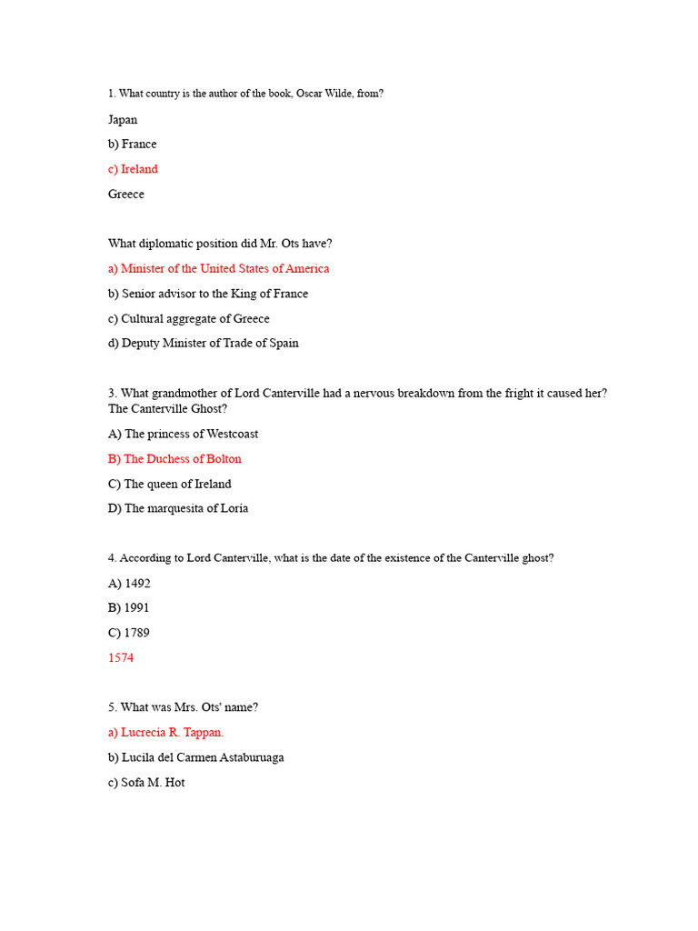 Oscar Wilde's Canterville Ghost Quiz | PDF