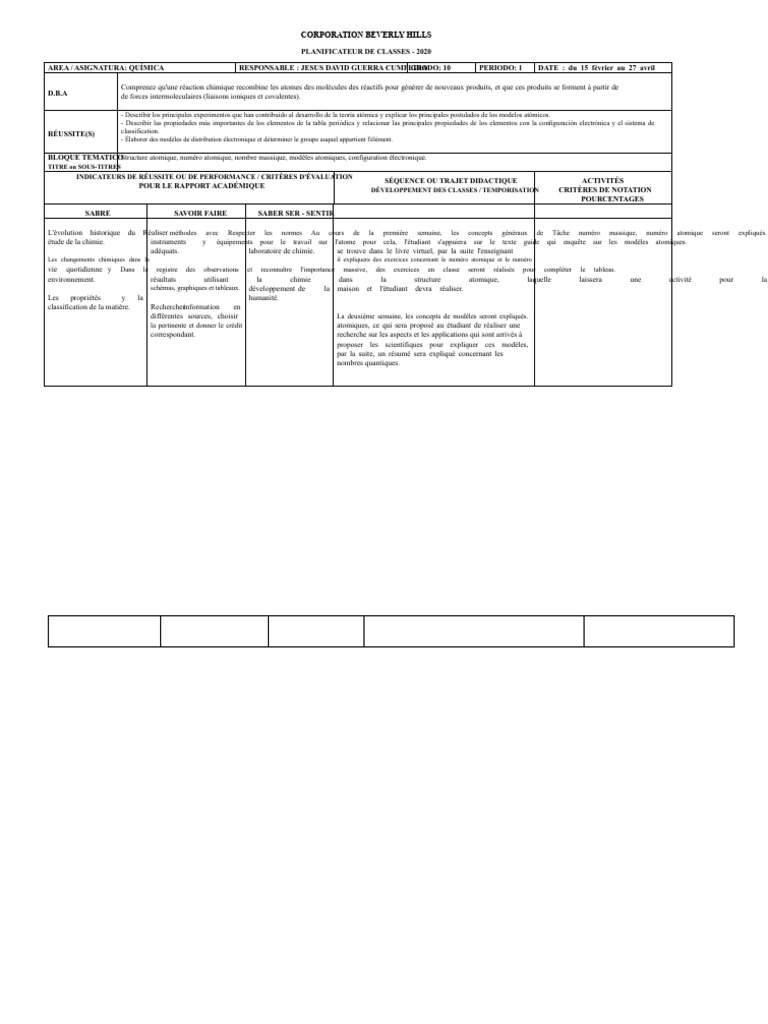 Plan de cours de chimie 10e année 2020 | PDF | Chimie | Atomes
