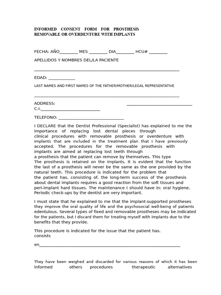 Informed Consent Form For Removable Prosthesis or Overdenture With ...