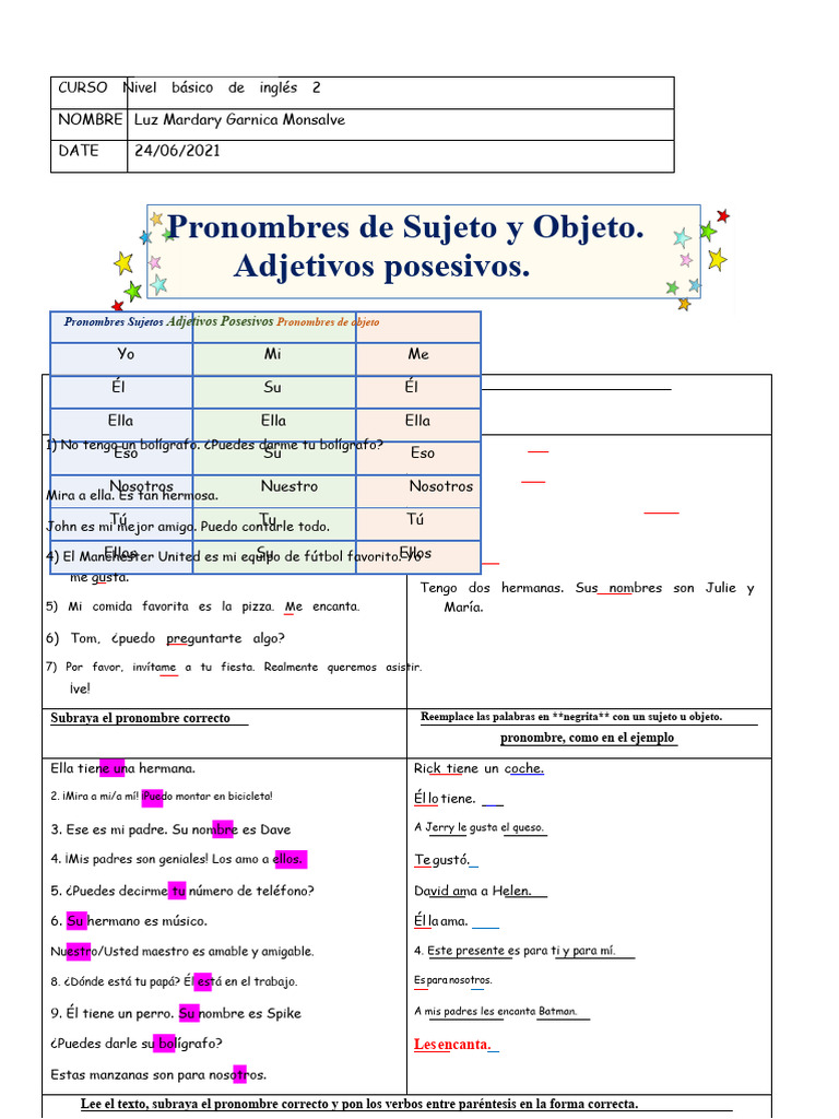 Pronombre de Sujeto y Objeto | PDF